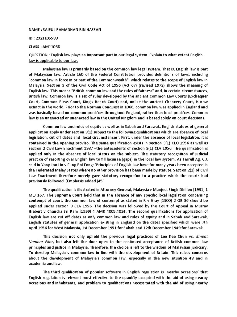 Explain To What Extent English Law Is Applicable To Our Law | PDF ...