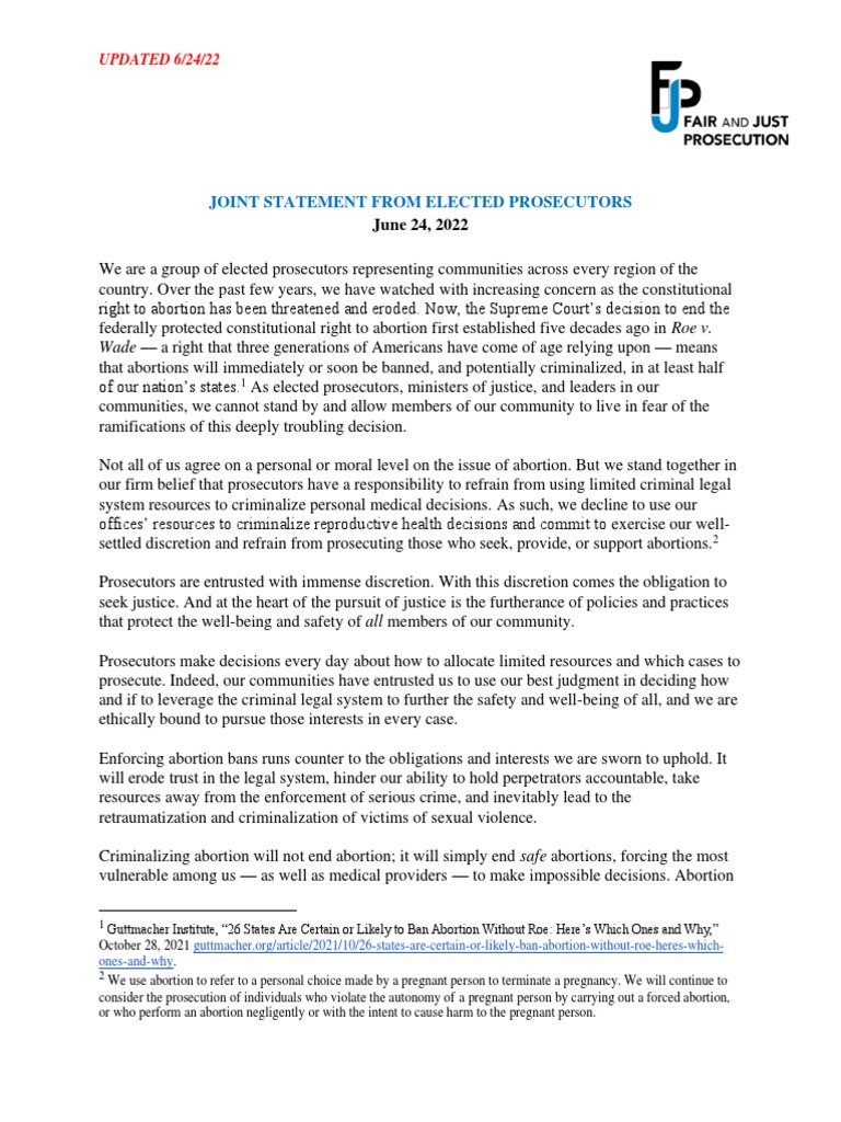 Joint Statement From Elected Prosecutors | PDF | Prosecutor | Abortion
