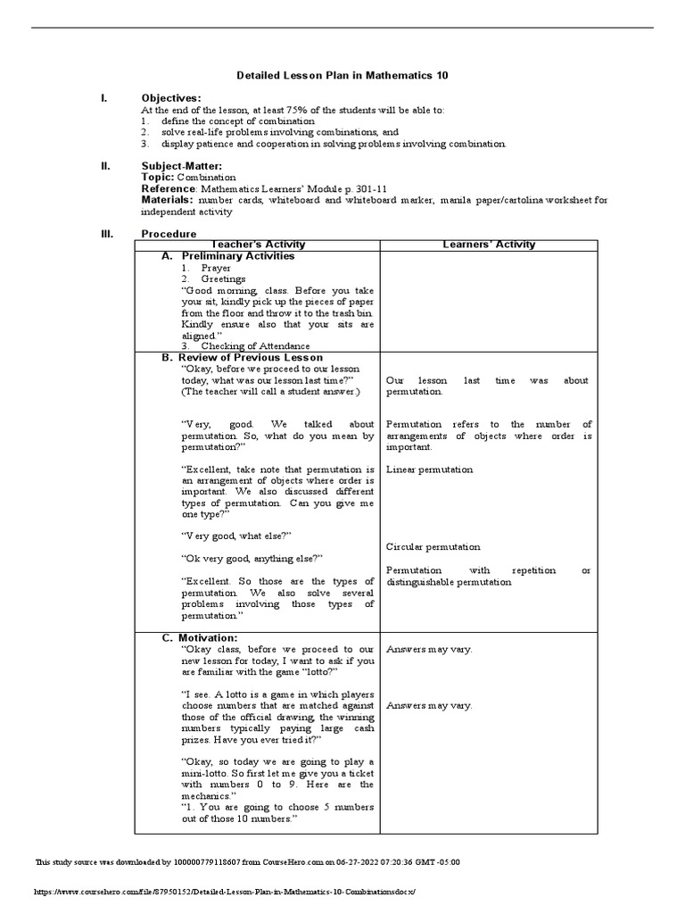 Detailed Lesson Plan in Mathematics 10 Combinations | PDF | Permutation ...