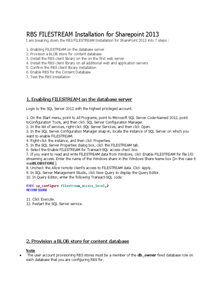 RBS FILESTREAM Installation For Sharepoint 2013 | PDF | Microsoft Sql ...