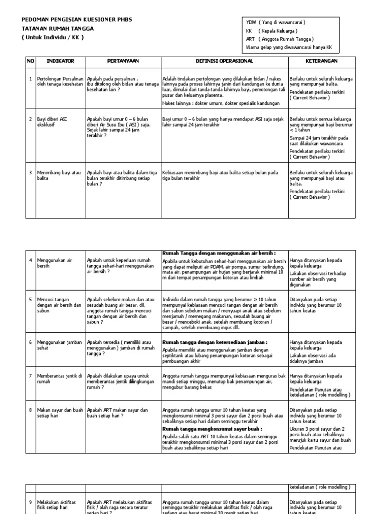 Pedoman Pengisian Kuesioner PHBS Rumah Tangga | PDF