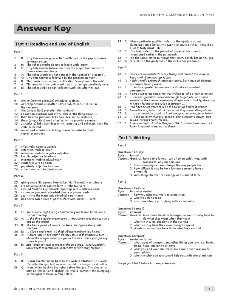 Answer Key: Test 1: Reading and Use of English | Download Free PDF ...