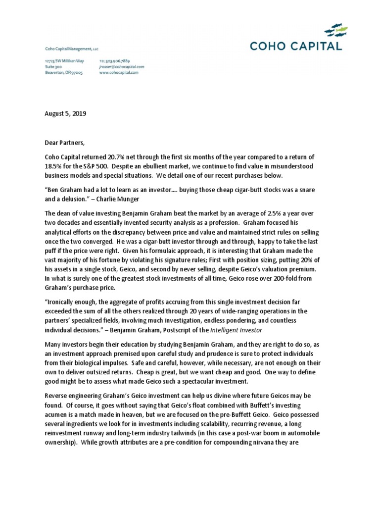 Coho Capital 2019 Q2 Letter | PDF | Valuation (Finance) | Investing