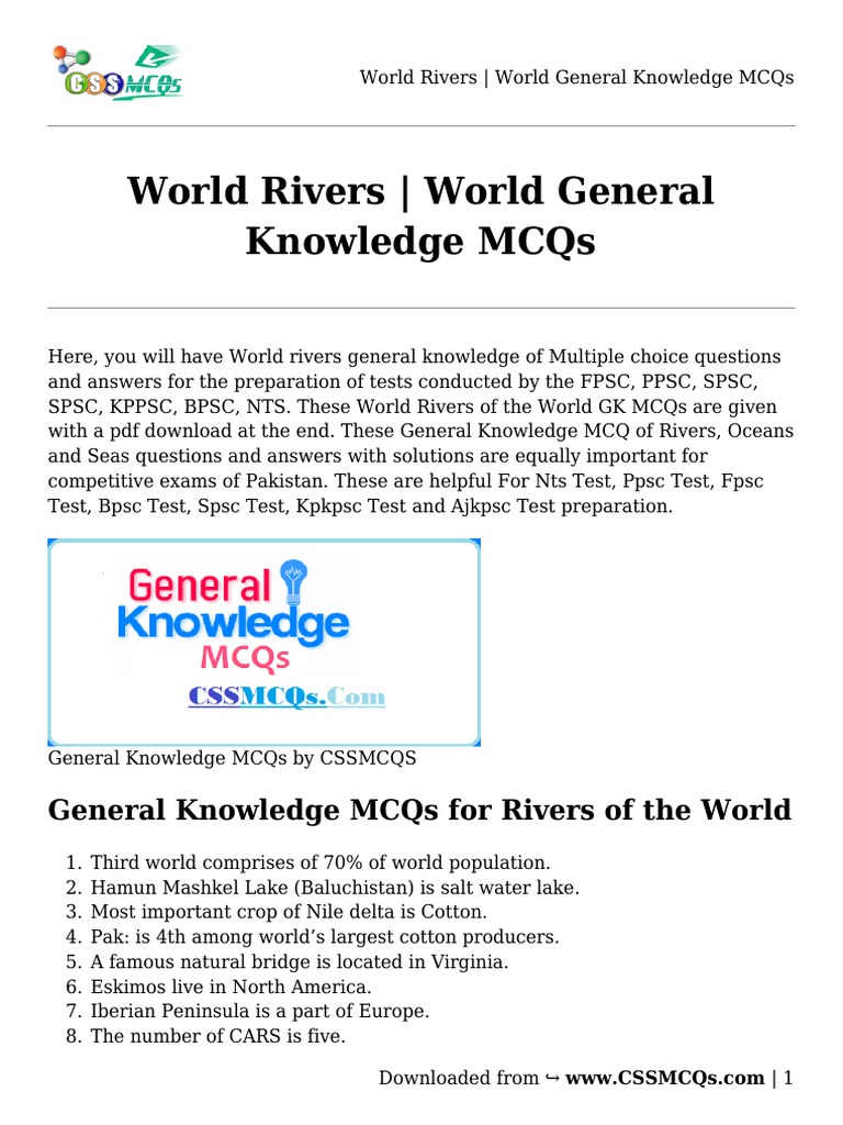 World Rivers - World General Knowledge MCQs | PDF | Multiple Choice | Canal