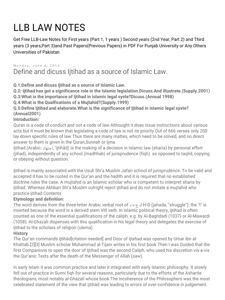 LLB LAW NOTES - Define and Dicuss Ijtihad As A Source of Islamic Law ...