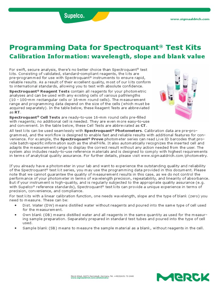 Programming Data For Spectroquant Test Kits: Calibration Information ...