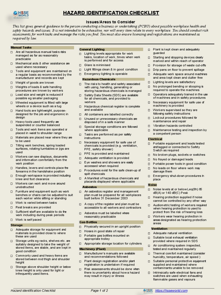 Hazard Identification Checklist: Issues/Areas To Consider | PDF ...