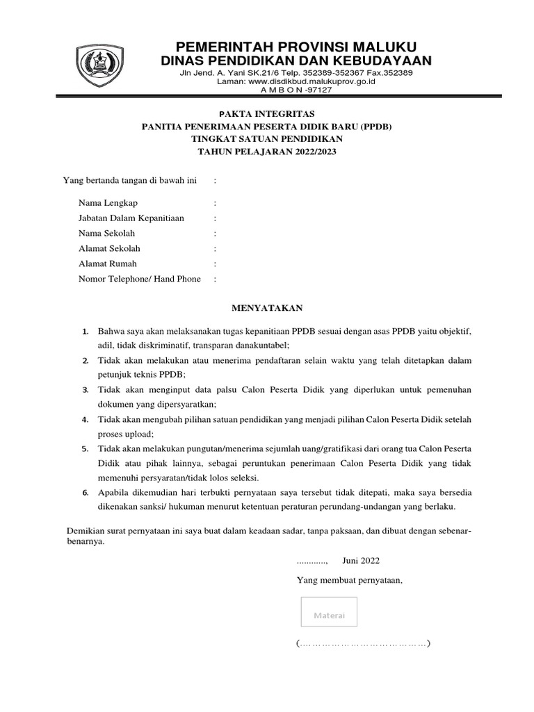 Form Pakta Integritas Panitia PPDB Satuan Pendidikan | PDF