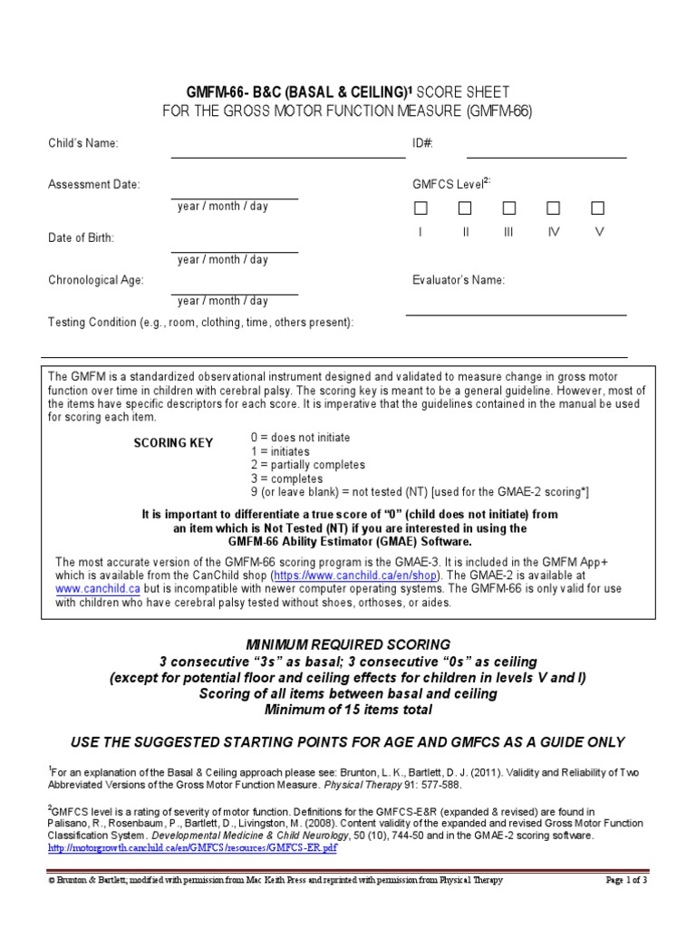GMFM-66 Scoring Sheet for CP Assessment | PDF