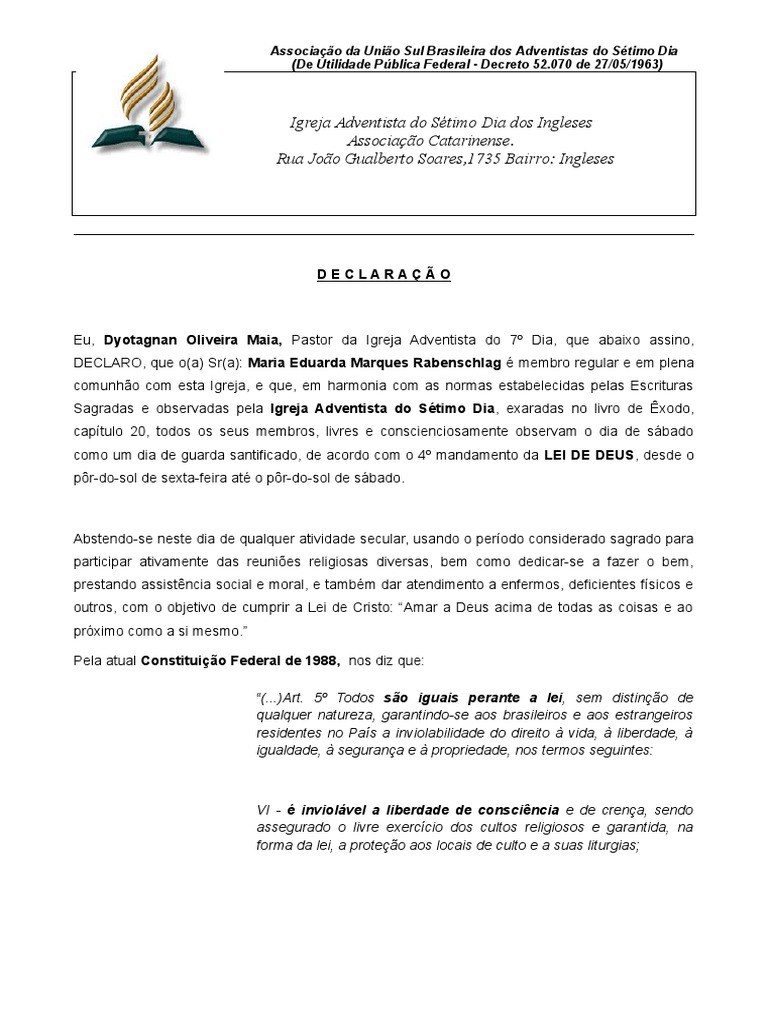 Modelo Dec Escolar | PDF | Igreja Adventista do Sétimo Dia | Justiça