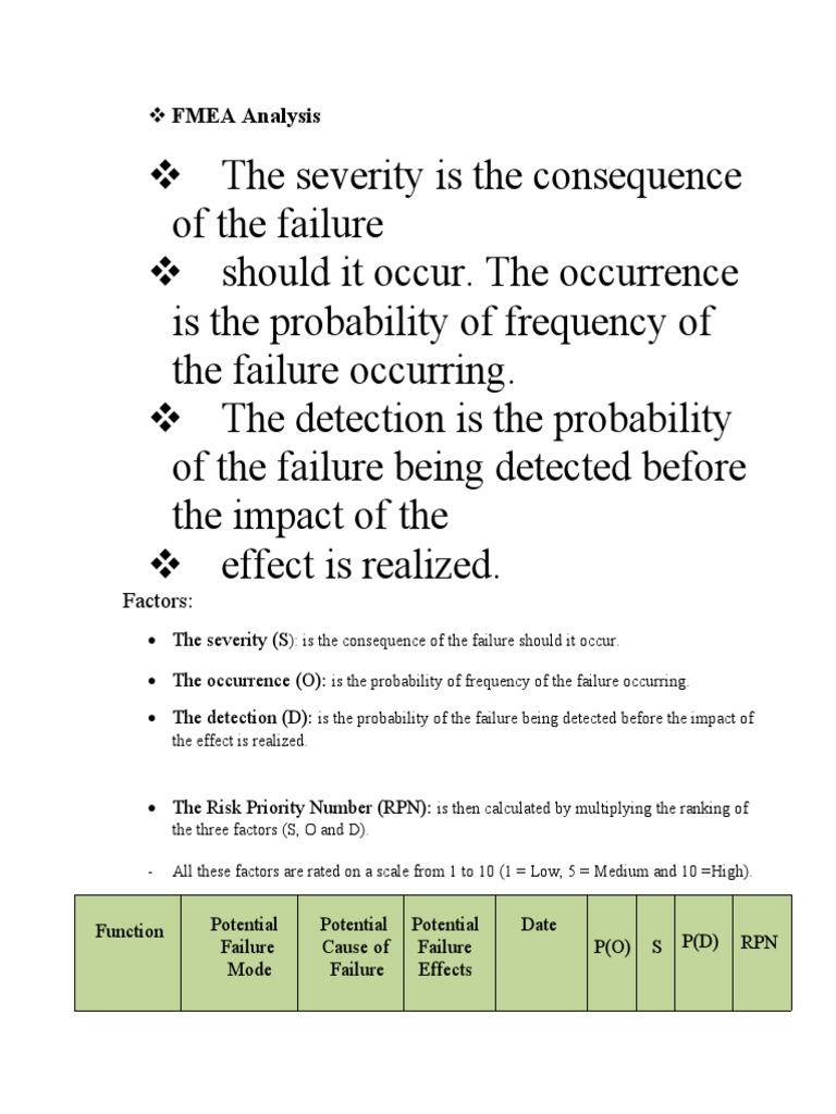 FMEA Analysis: The Severity (S The Occurrence (O) : The Detection (D ...
