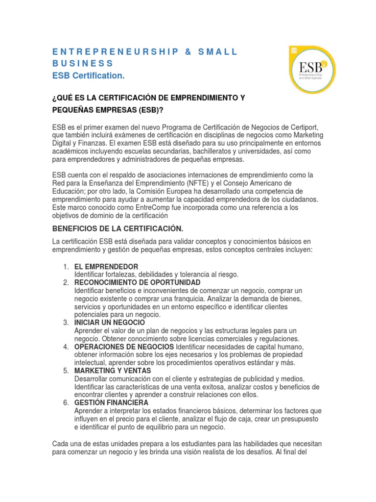 Entrepreneurship & Small Business ESB Certification | PDF | Iniciativa ...