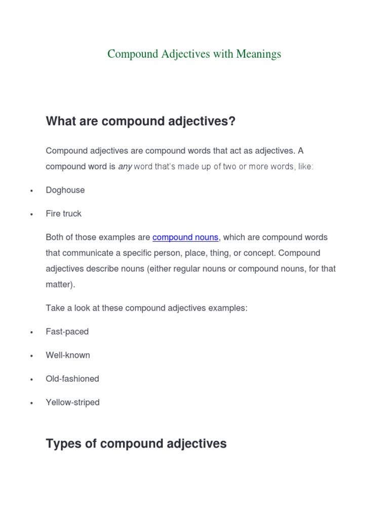 Compound Adjectives With Meanings | PDF | Adjective | Noun