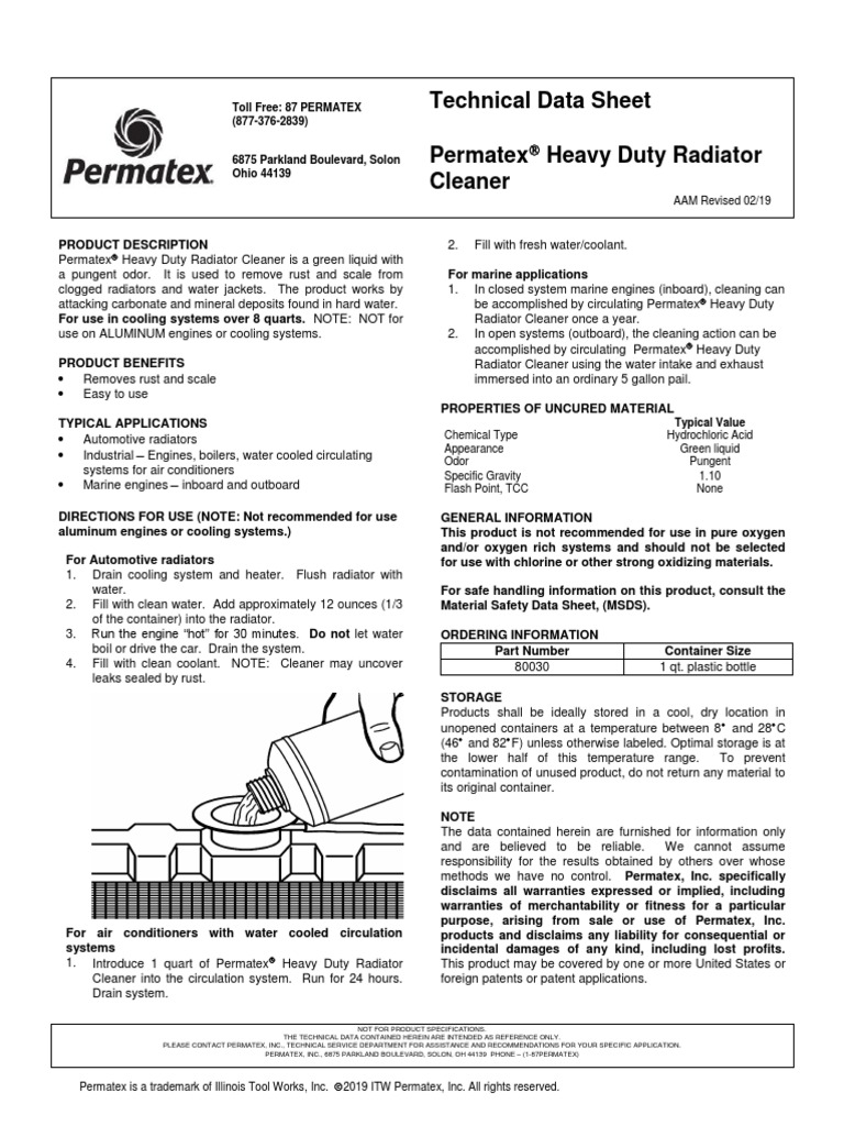 Permatex Heavy Duty Radiator Cleaner TDS | PDF | Water | Radiator