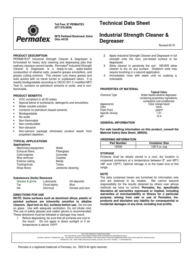 Permatex Industrial Strength Cleaner & Degreaser TDS 1 Gallon | PDF ...