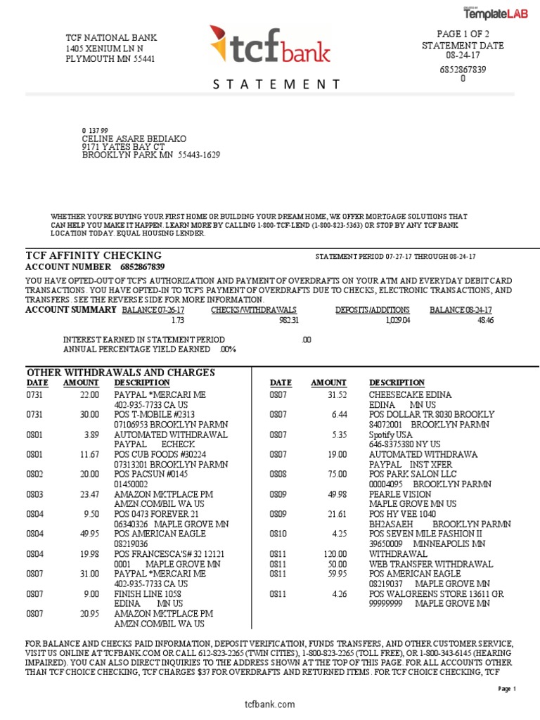 TCF Bank Statement | PDF | Overdraft | Service Industries