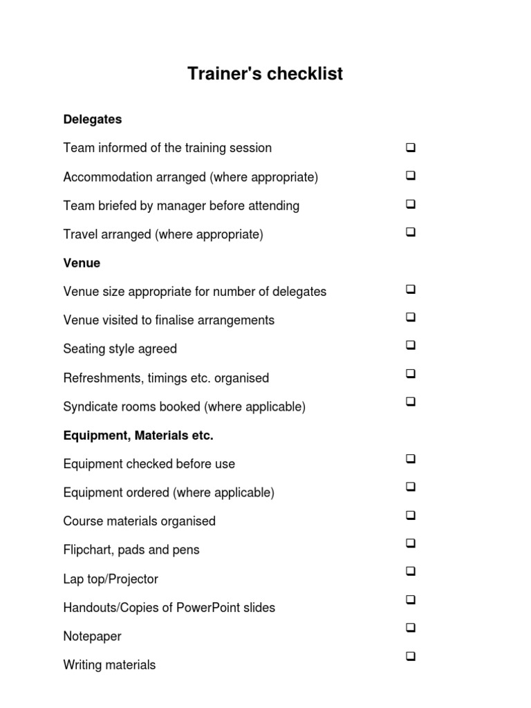 Essential Trainer's Checklist for Sessions | PDF | Career & Growth