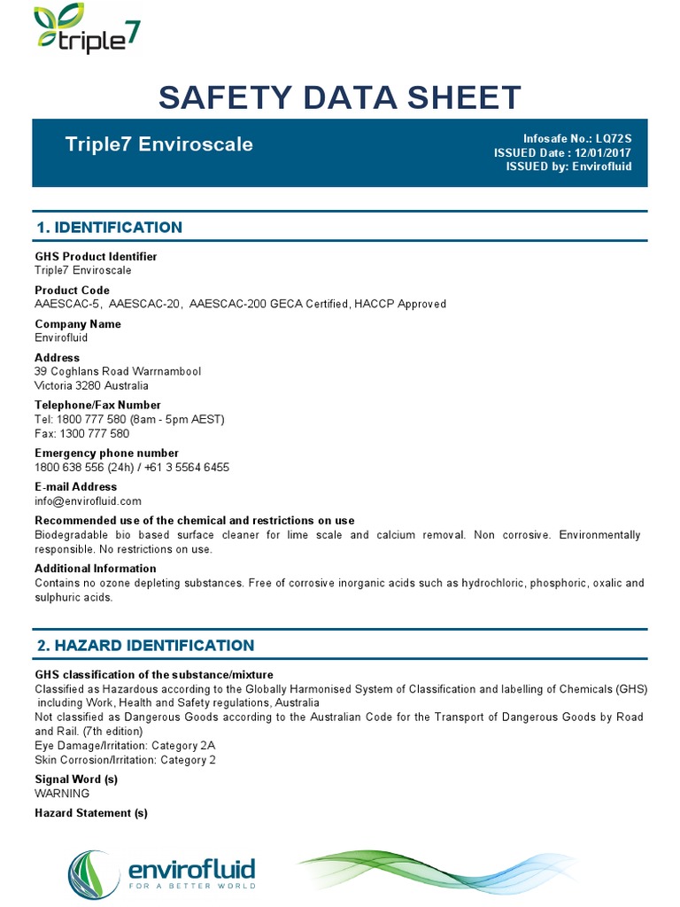 Triple7 Enviroscale SDS | PDF | Dangerous Goods | Occupational Safety ...