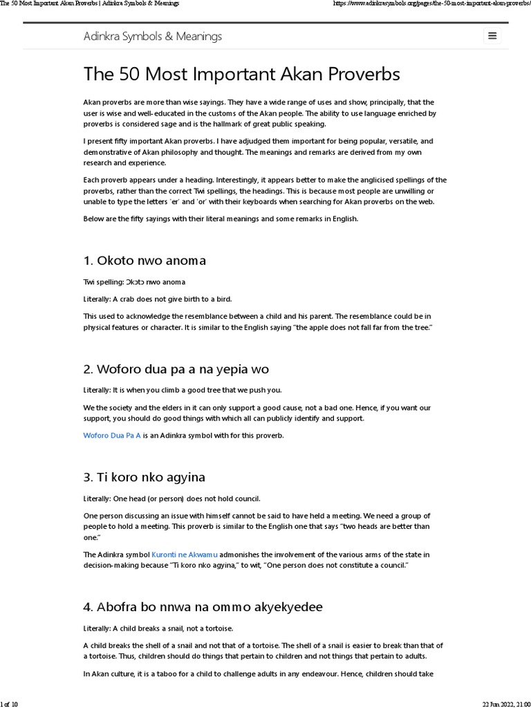 The 50 Most Important Akan Proverbs - Adinkra Symbols & Meanings | PDF ...