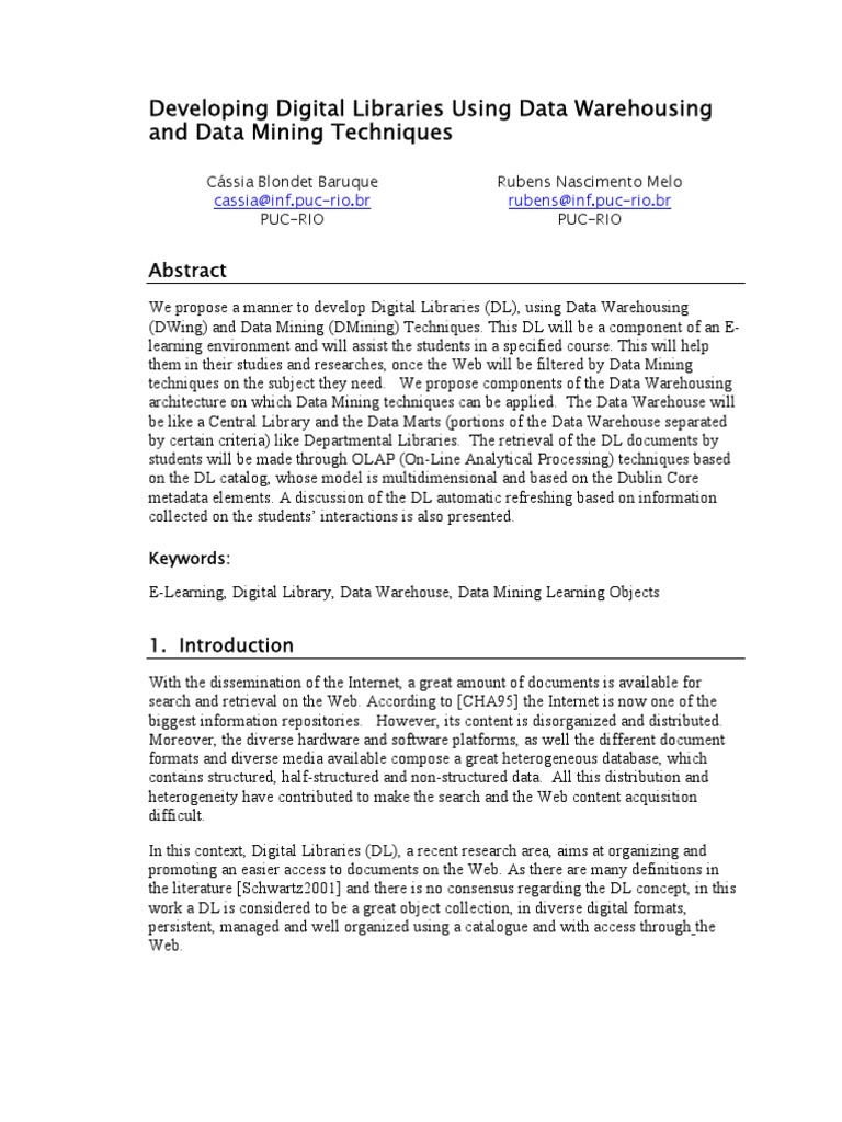 Developing Digital Libraries Using Data Warehousing and Data Mining Techniques | Download Free ...