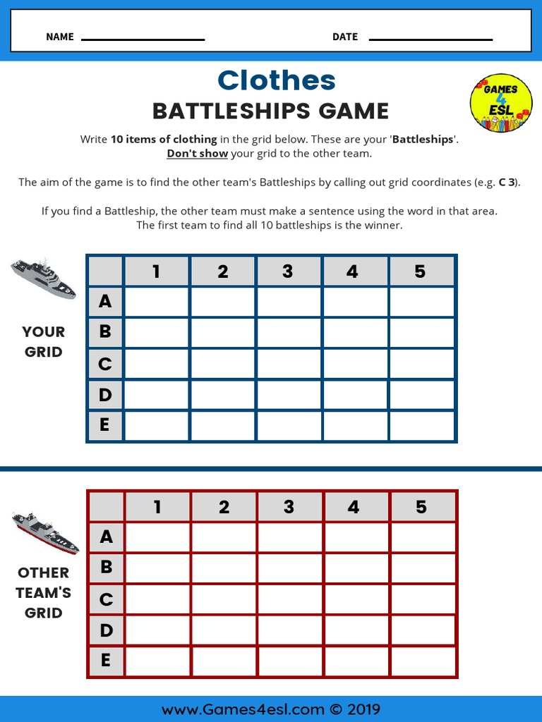 Clothes Worksheet Battleships | PDF