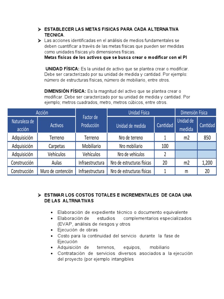 Establecer Las Metas Fisicas para Cada Alternativa Tecnica | PDF ...