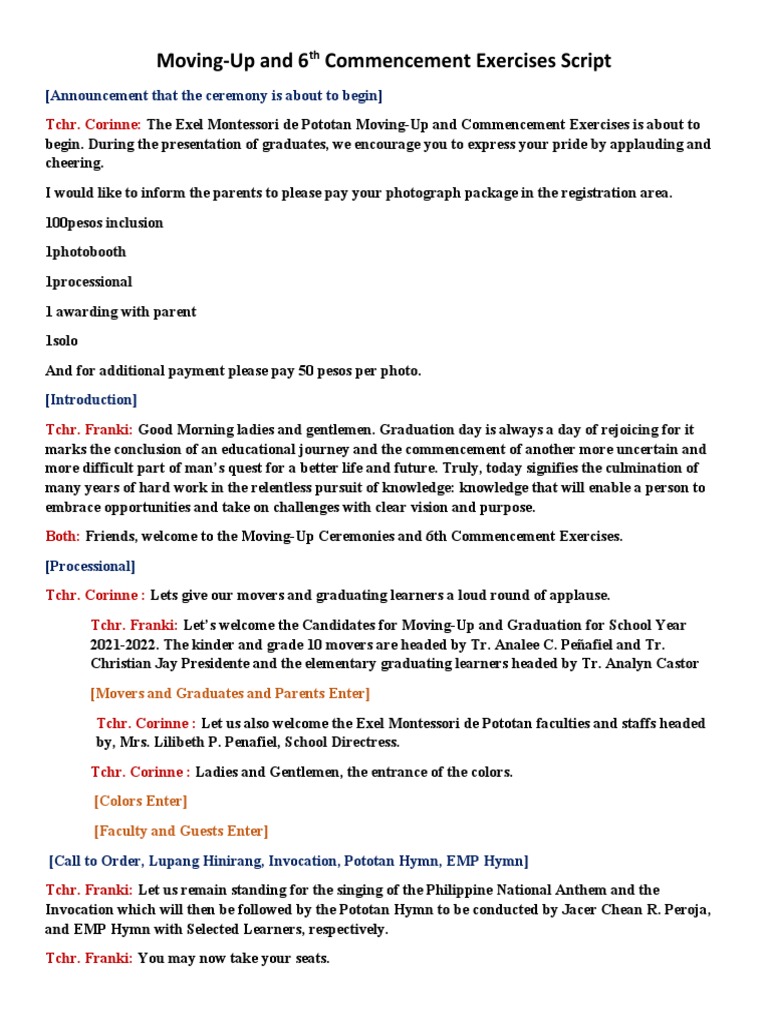 Moving-Up and 6 Commencement Exercises Script: Tchr. Corinne | PDF