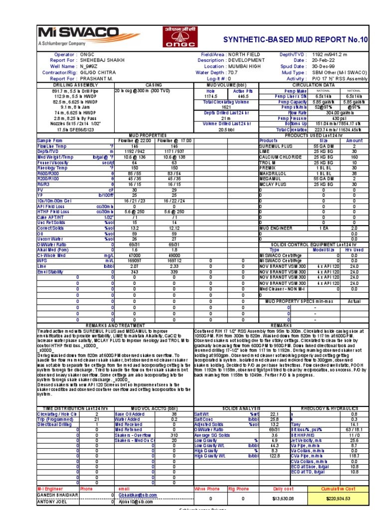 Synthetic-Based Mud Report No.10: Ongc 20-Feb-22 | PDF | Casing ...