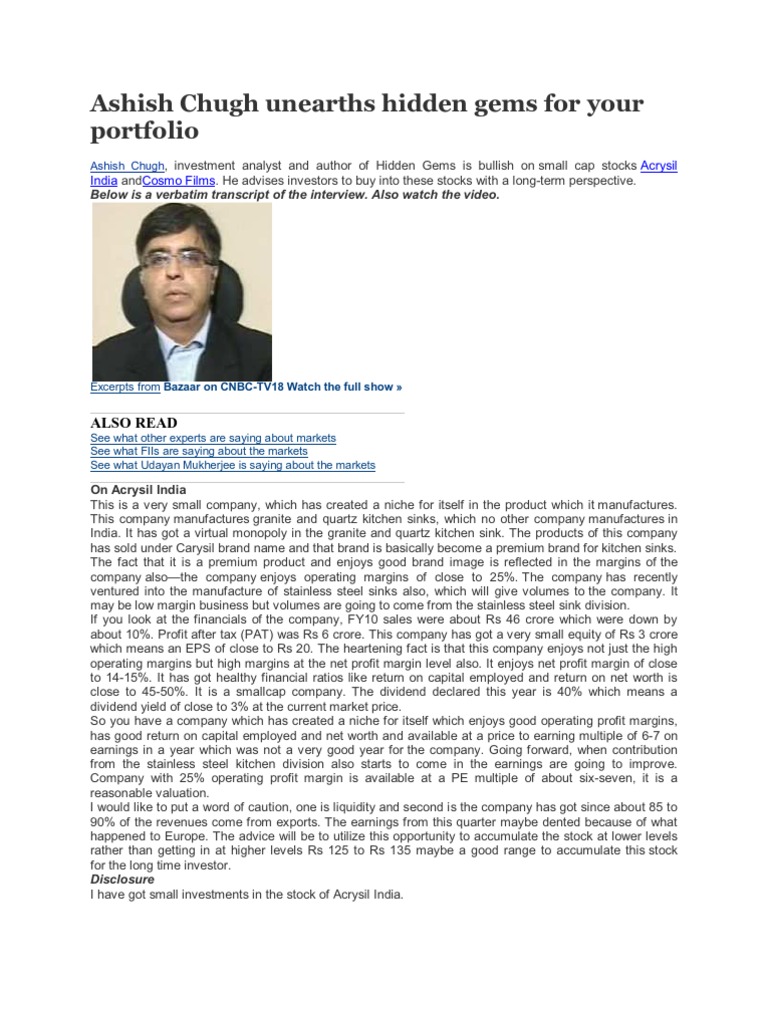 Ashish Chugh Unearths Hidden Gems For Your Portfolio - 22jul2010 | PDF ...