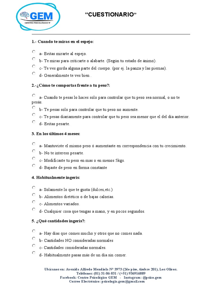 Test de Anorexia y Bulimia - Cuestionario e Interpretación y Corrección ...