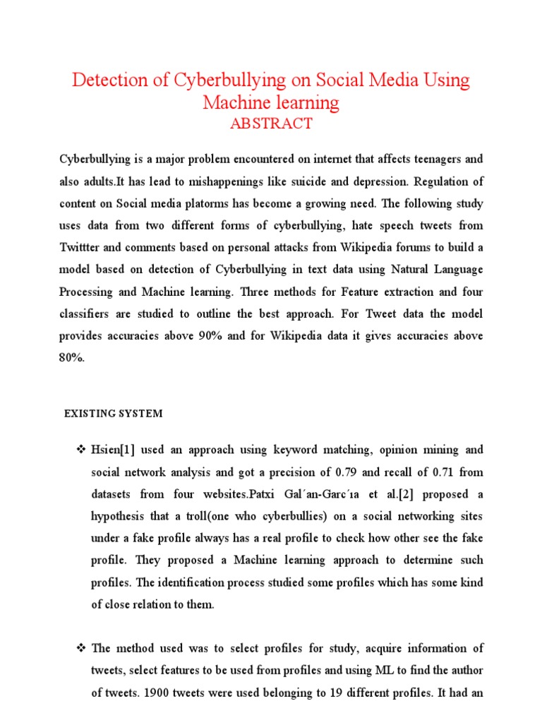 Detection of Cyberbullying On Social Media Using Machine Learning | PDF ...