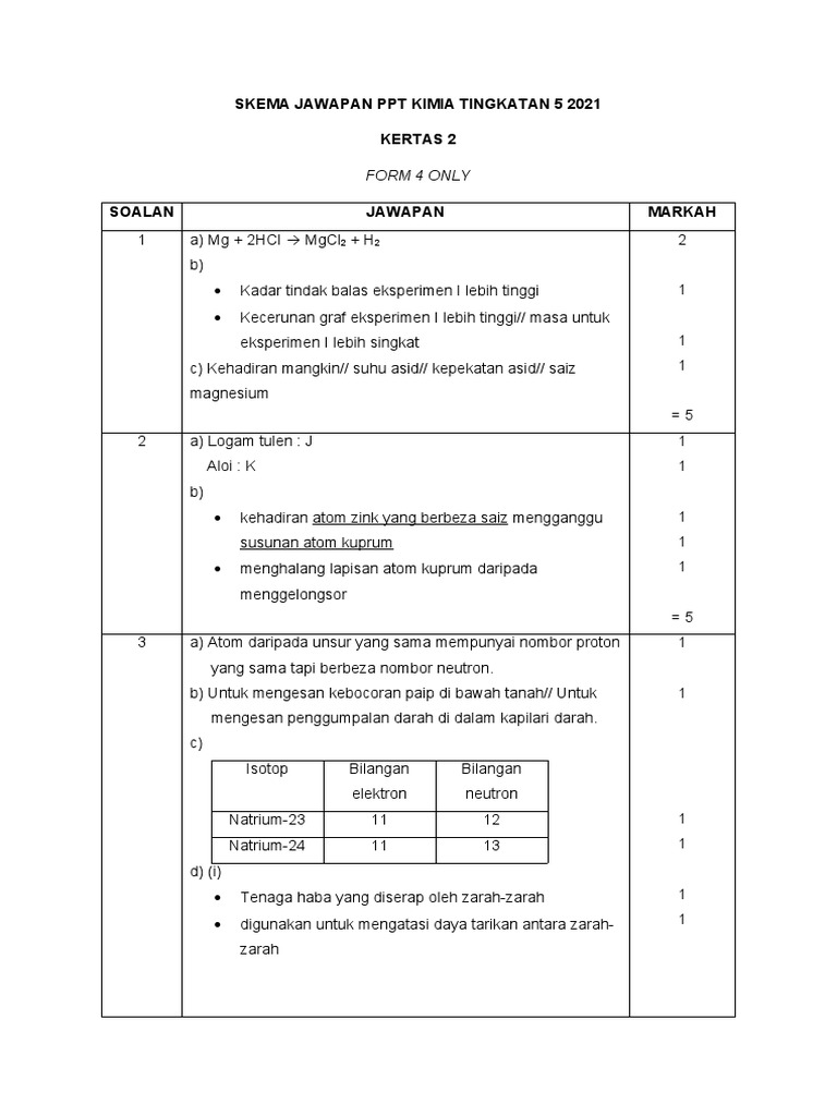 SKEMA JAWAPAN PPT SELARAS KIMIA TINGKATAN 5 2021 Form 4 Only | PDF
