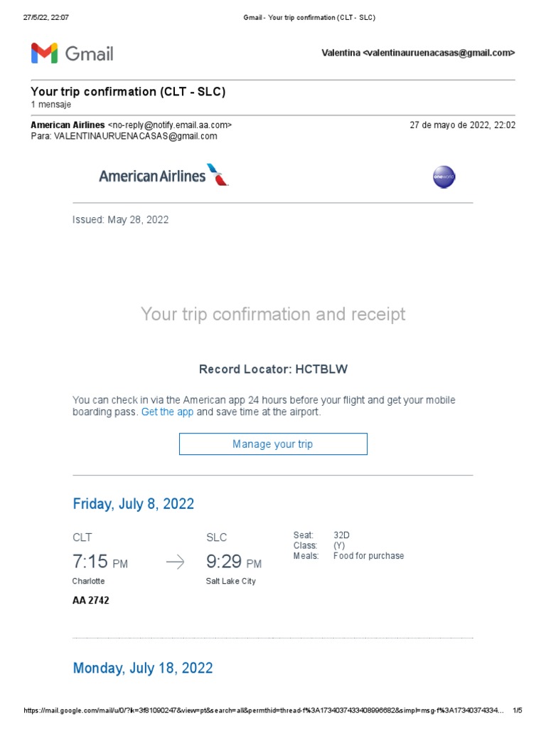 Gmail - Your Trip Confirmation (CLT - SLC) | PDF | Baggage | Airlines