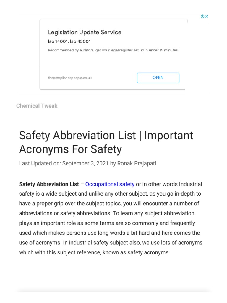 Safety Abbreviation List - Safety Acronyms | PDF | Occupational Safety ...