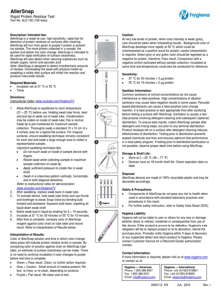AllerSnap Protein Residue Test Guide | PDF | Disinfectant | Hygiene