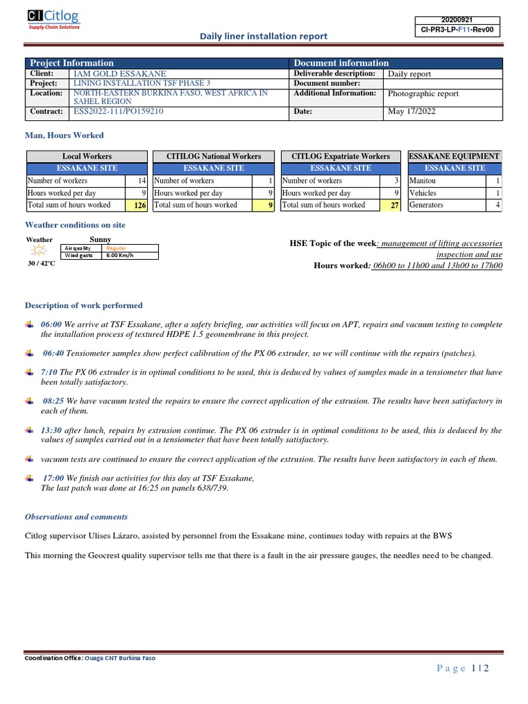 Daily Liner Installation Report | PDF