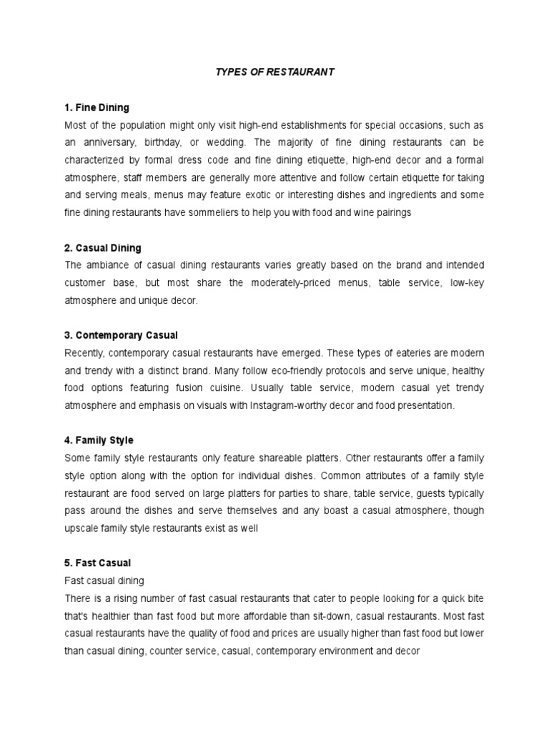 Types of Restaurant | PDF | Restaurants | Buffet