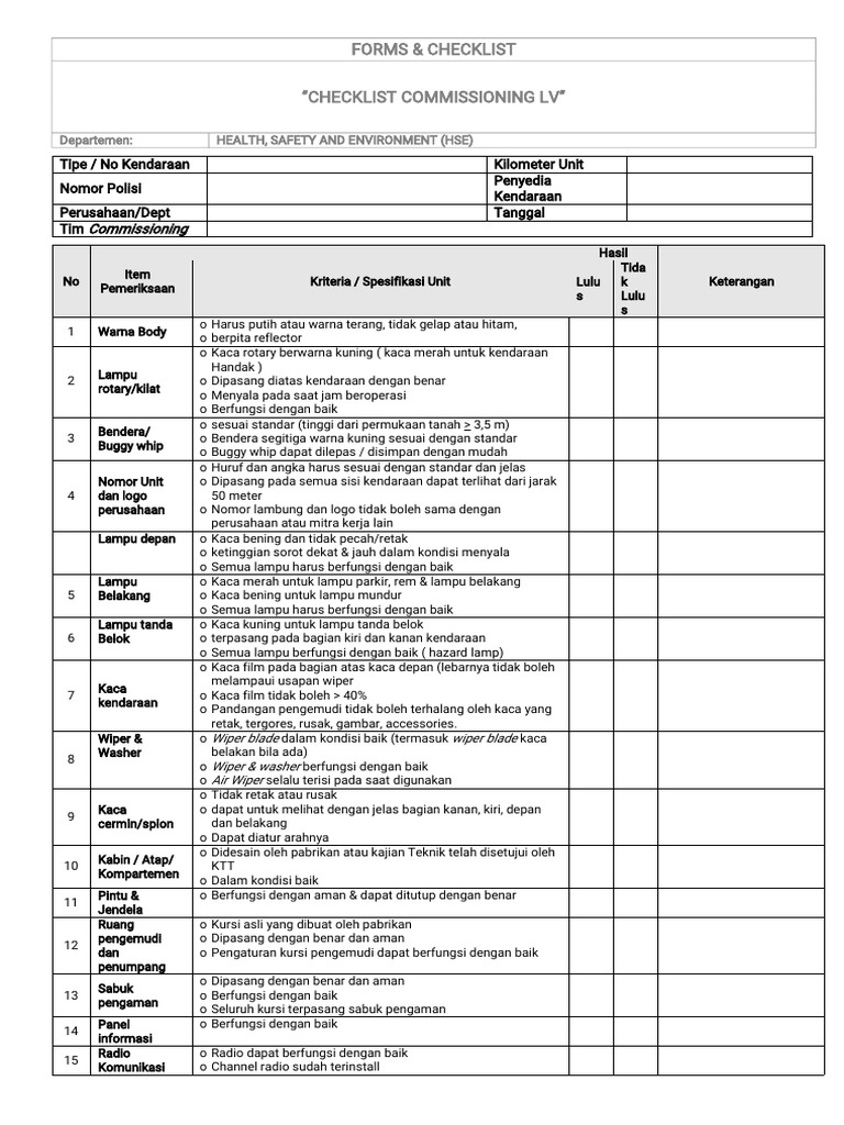 Checklist Commissioning Light Vehicle | PDF