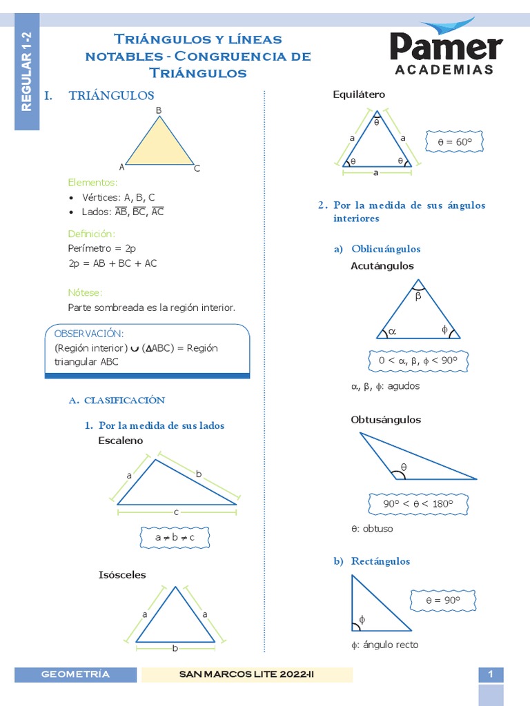 Geometría - Triángulos y Líneas Notables - Congruencia de Triángulos - Fusión Reg 1-2 | PDF ...