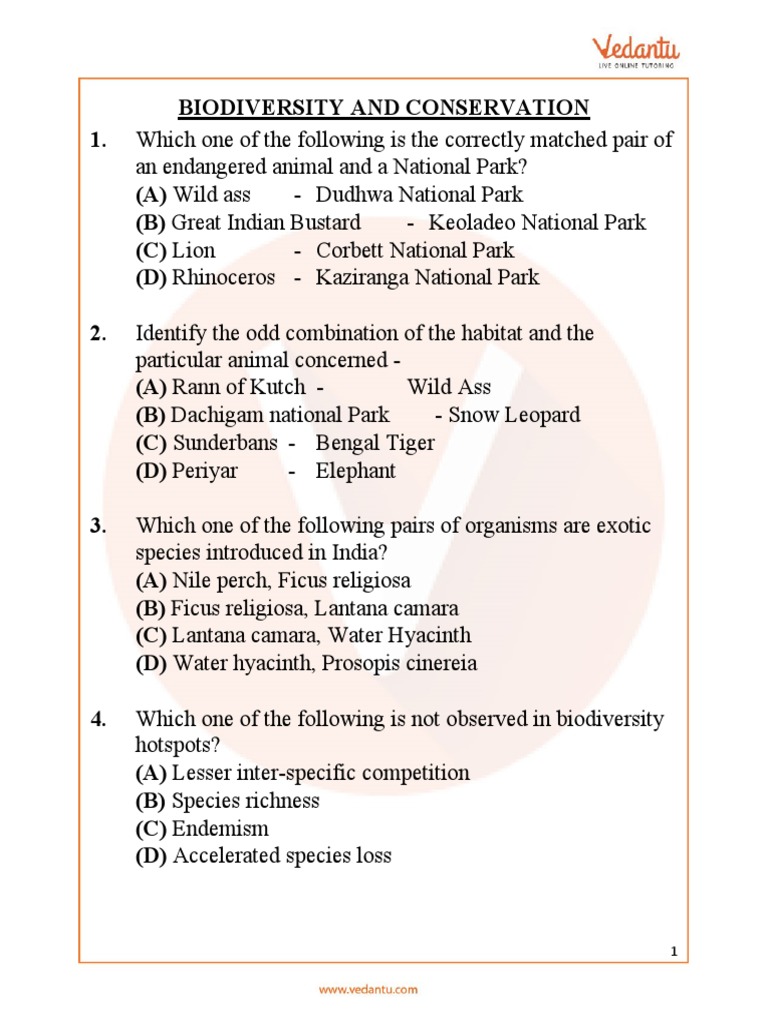 NEET Biodiversity and Conservation Important Questions | PDF ...