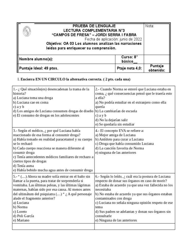 8° Prueba Campos de Fresa | PDF