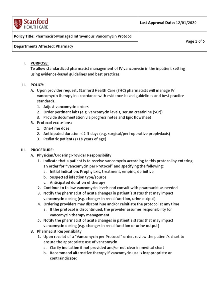 SHC Vancomycin Pharmacy Protocol | PDF | Pharmacy | Clinical Medicine