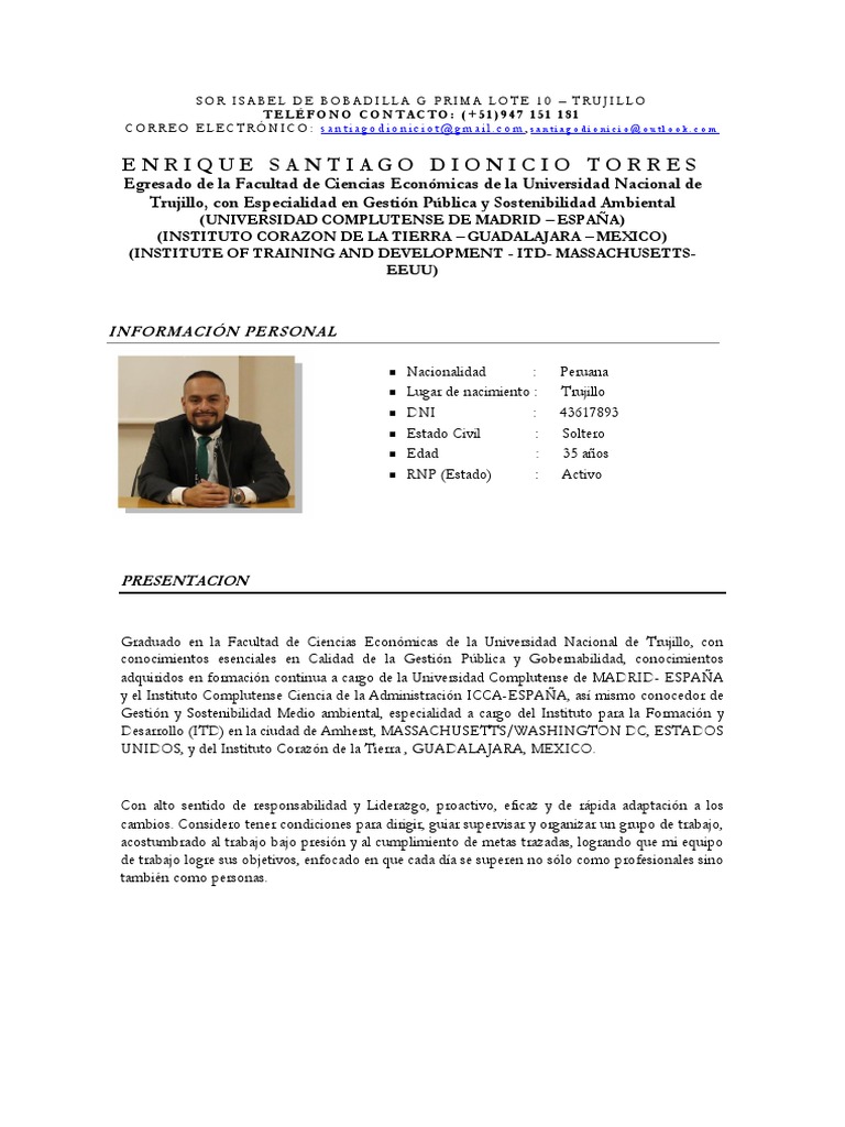 CV Hoja de Vida - Dionicio Torres Enrique - 2022 | PDF | Perú | Economias