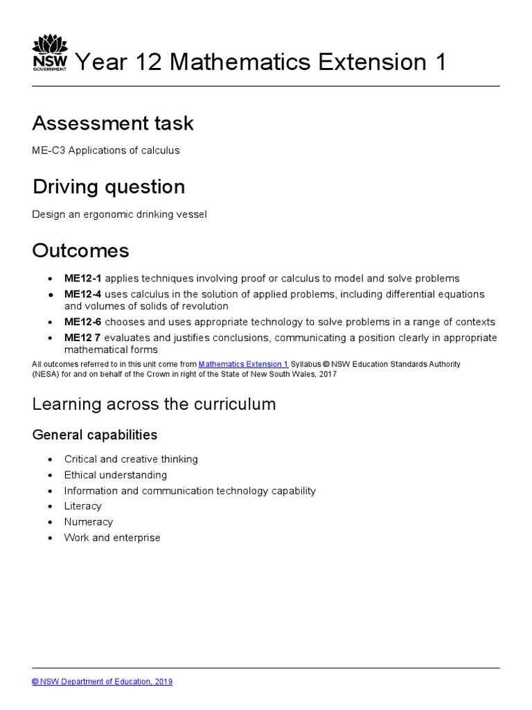 Year 12 Mathematics Extension 1: Assessment Task Driving Question ...