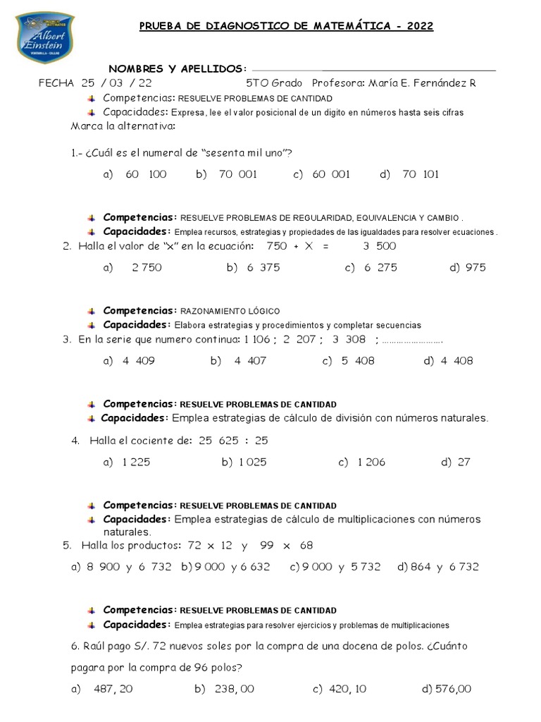 PRUEBA DIAGNOSTICA DE MATEMÁTICA DE 5to GRADO - 2022 | PDF | División ...