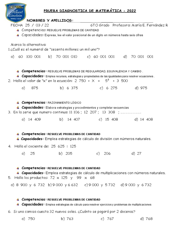 PRUEBA DIAGNOSTICA DE MATEMÁTICA DE 6to GRADO | PDF | Matemáticas
