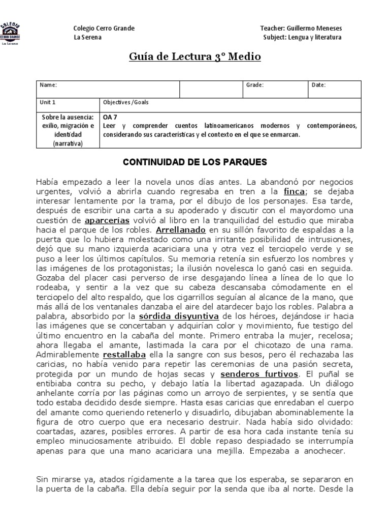 Guía de Lectura La Continuidad de Los Parques | PDF