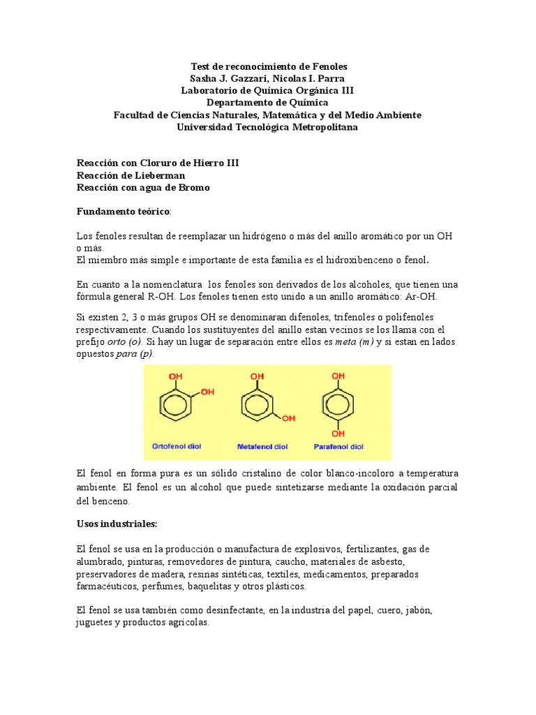 Fenoles FeCl3 NaNO2 Br2-H2O | PDF | Cloruro | Tolueno