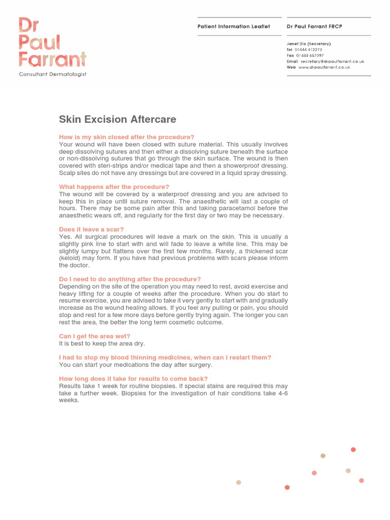 Skin Excision Aftercare | PDF | Surgery | Wound