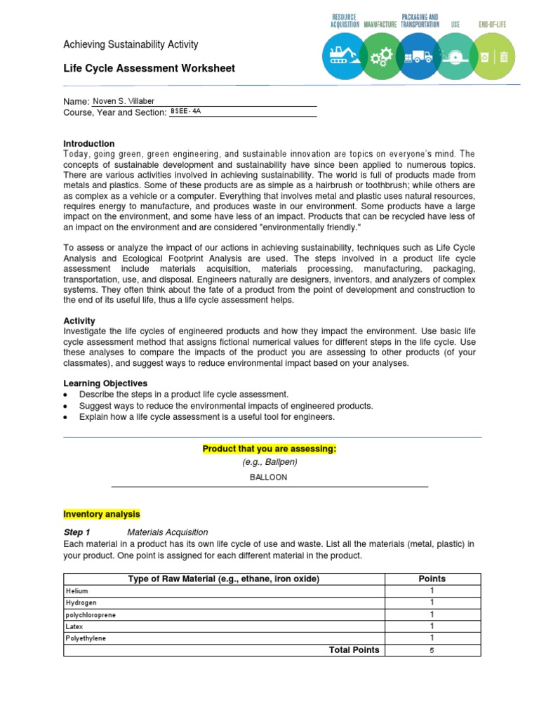 Activity - Life Cycle Analysis Worksheet - Villaber | PDF | Life Cycle ...